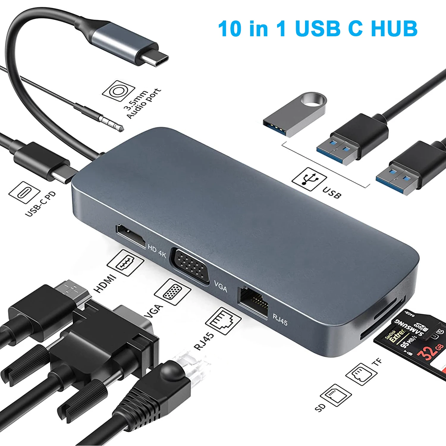 10 em 1 usb c hub adaptador usb c docking station com 4k hdmi vga rj45 ...