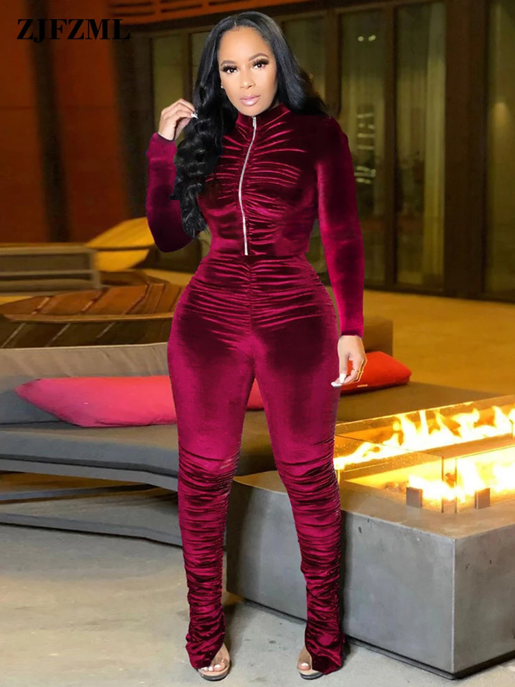 Vintage Velvet Loungewear Sets Women Velour Two Piece Outfits Zipper ...