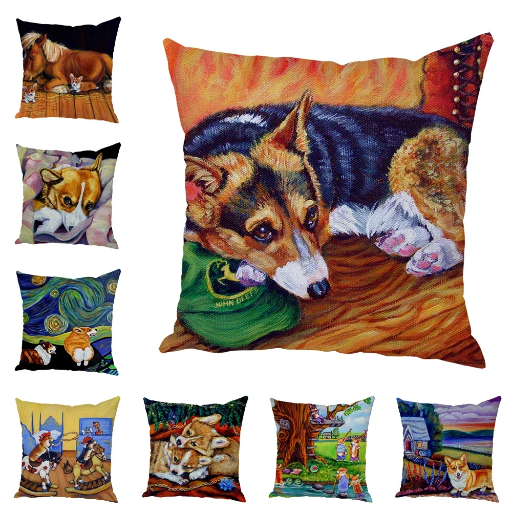 Oil-Painting-Welsh-Corgi-Pembroke-Cushion-Cover-Sofa-Color-Pet-Dog ...