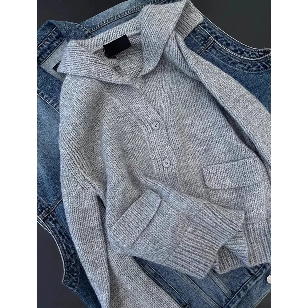 European design style cashmere cardigan women's lapel autumn and winter ...