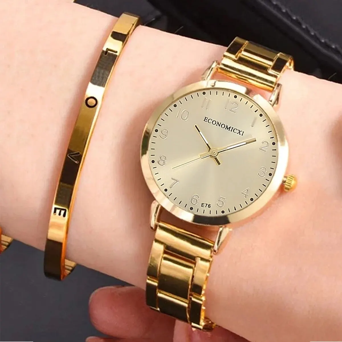 2Pcs-Fashion-Simple-Casual-Gold-Digital-Pointer-Steel-Band-Quartz-Watch ...