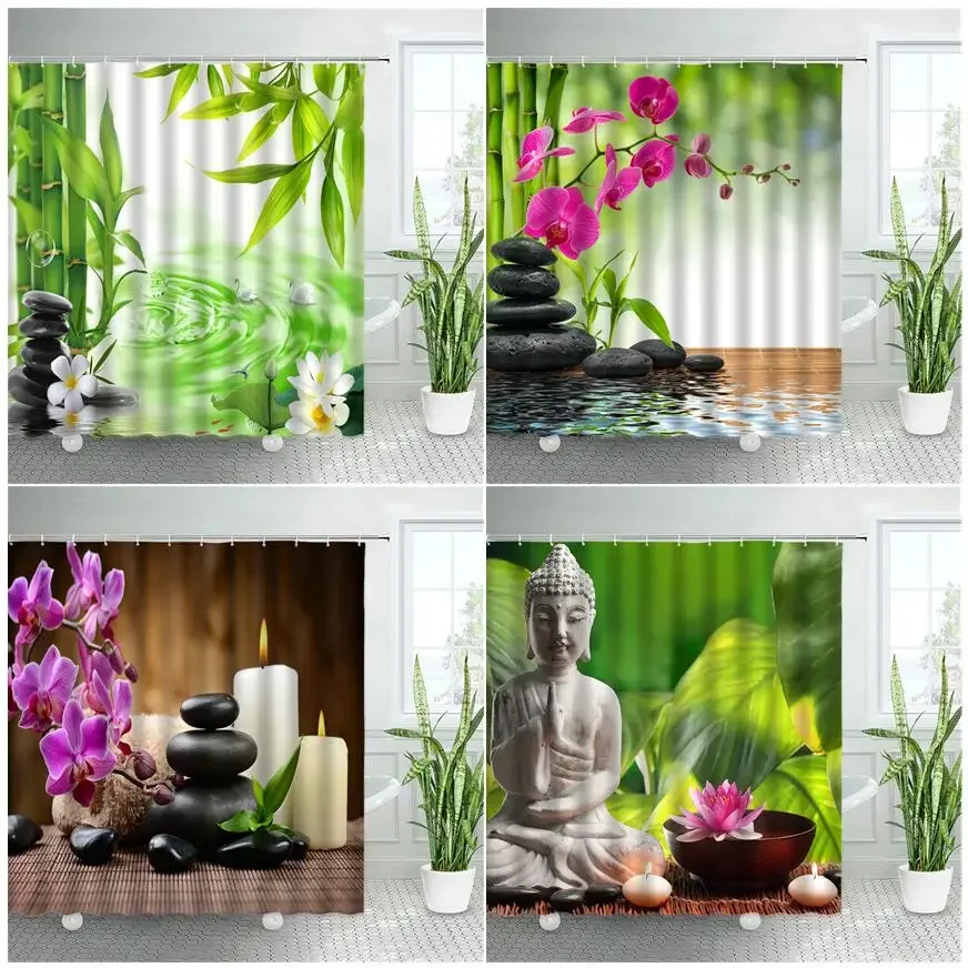 3D-Black-Stone-Green-Bamboo-Zen-Shower-Curtain-Set-Purple-Orchid-Buddha ...