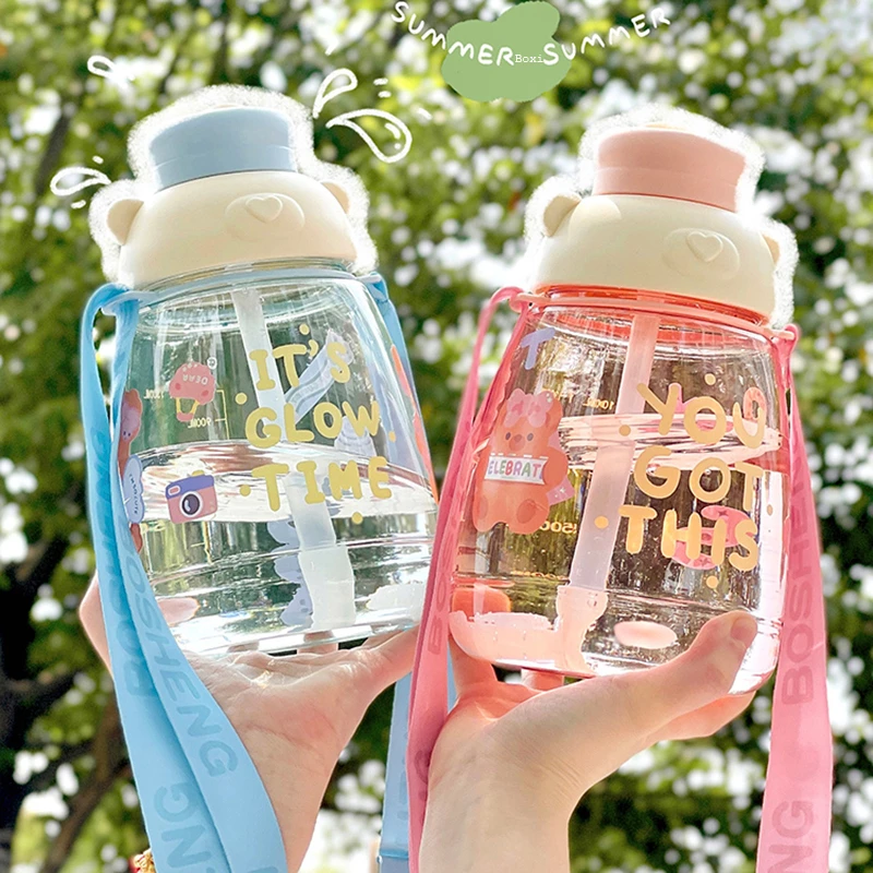 Cute Bear Water Bottle With Sticker Straw Scale Bpa Free Plastic Kawaii Portable Juice Milk ...