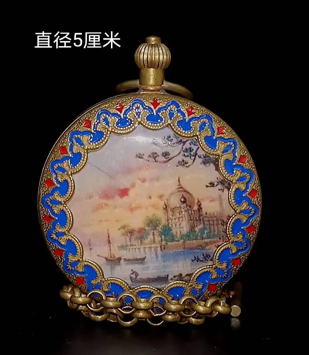 Copper-Mechanical-Pocket-Clock-Cloisonn-Enamel-Landscape-Scenery ...