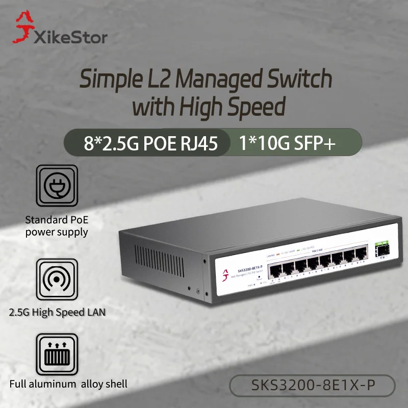 XikeStor 9 Ports 2.5G L2 simple Managed POE Switch 8*2.5G RJ45 1*10G ...