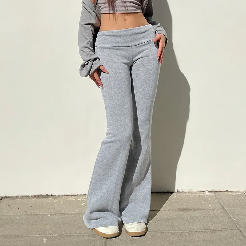 Gray Womens Fold Over Waistband Low Rise Flared Pants Sweatpants Winter ...