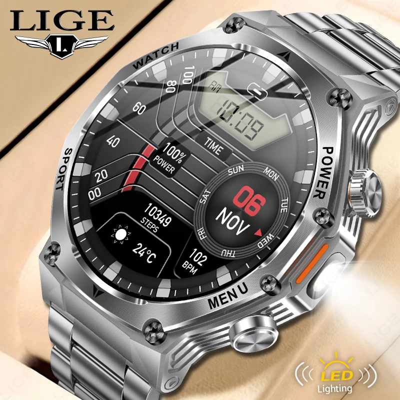 LIGE Steel Smart Watches Men 800mAh Battery Flashlight LED 1.8 HD ...