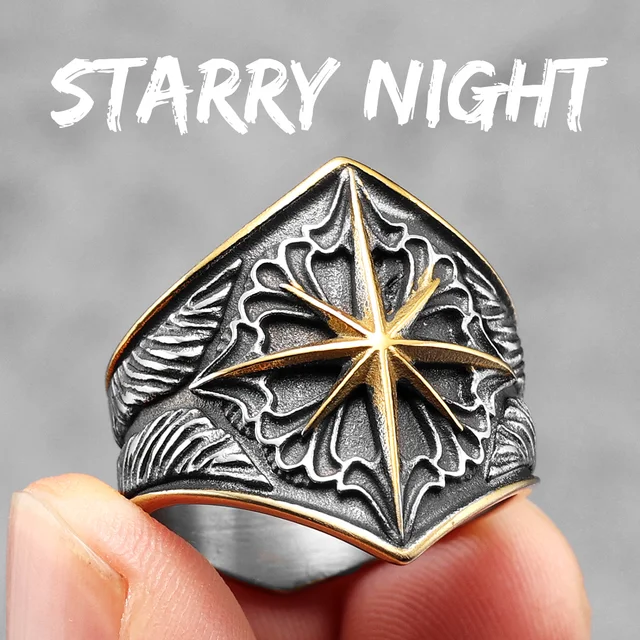 Starry Ring 316L Stainless Steel Star Men Ring Punk Rock Rap for Biker ...