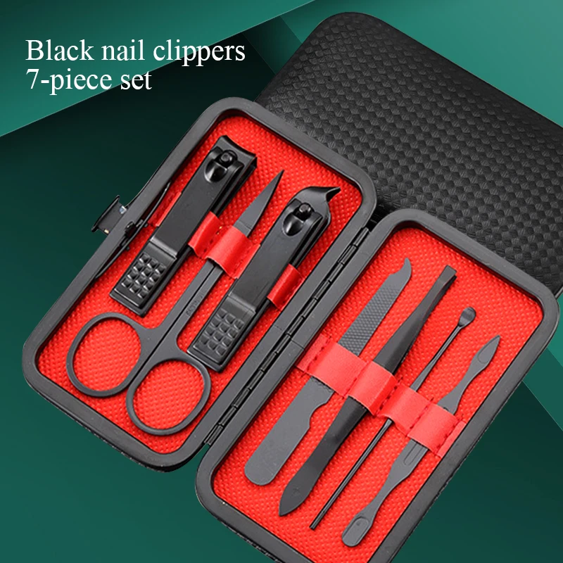 7Pcs-Portable-Black-Nail-Clipper-Set-Stainless-Steel-Scissor-Tweezer ...