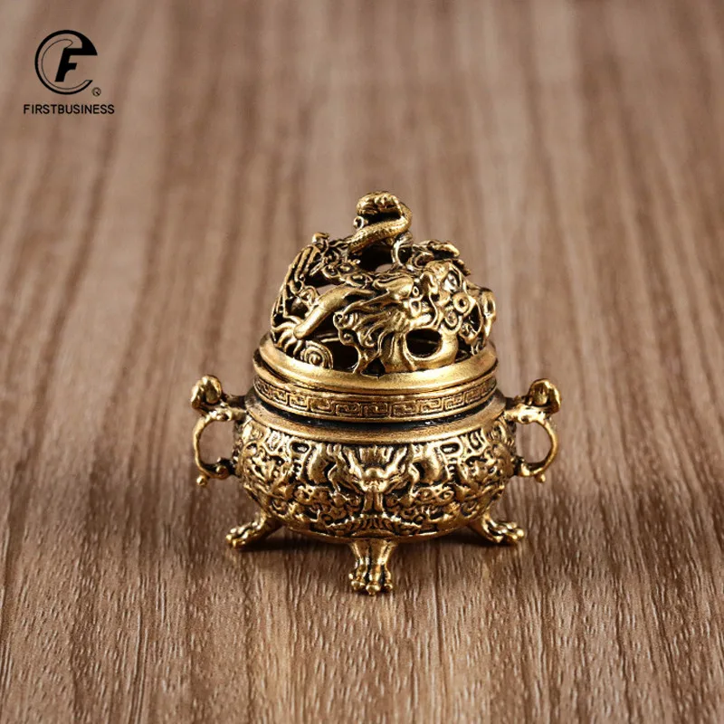 Antique Copper Tripod Incense Burner with Dragon Head Cover Brass ...