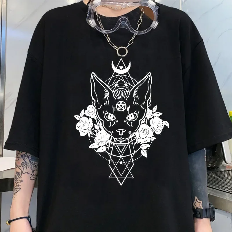 Oversized-T-Shirt-Woman-Gothic-Star-Punk-Cat-Print-Short-Sleeve ...