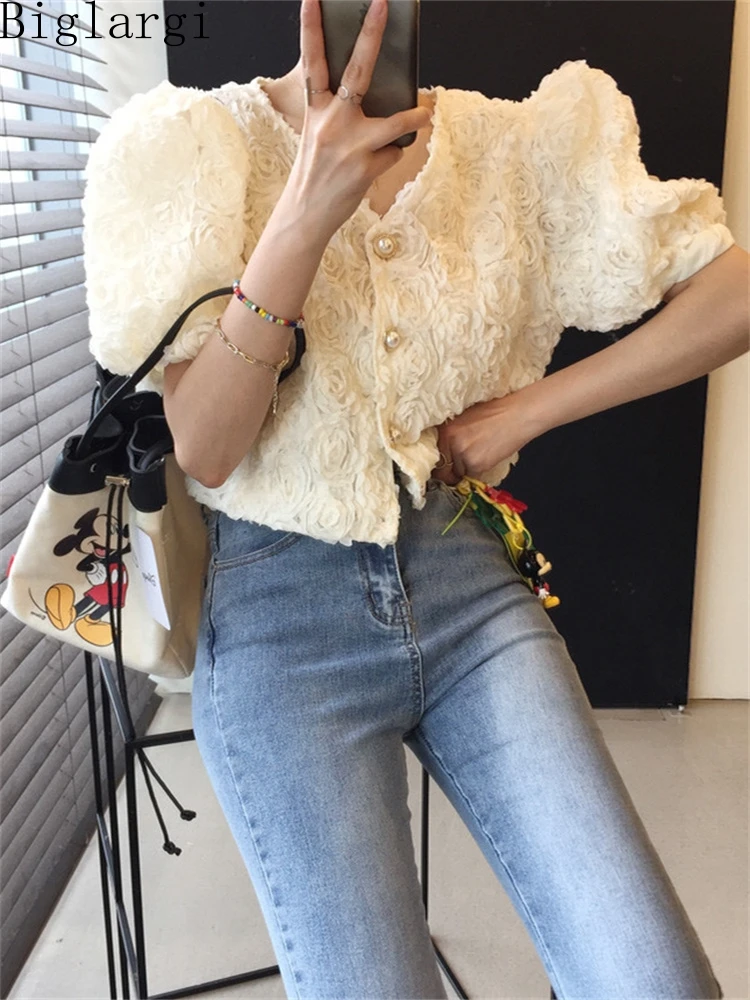 여성용 퍼프 슬리브 레이스 플라워 셔츠 크롭 셔츠 모디스 캐주얼 오피스 우먼 블라우스 한국 패션 여름 신상