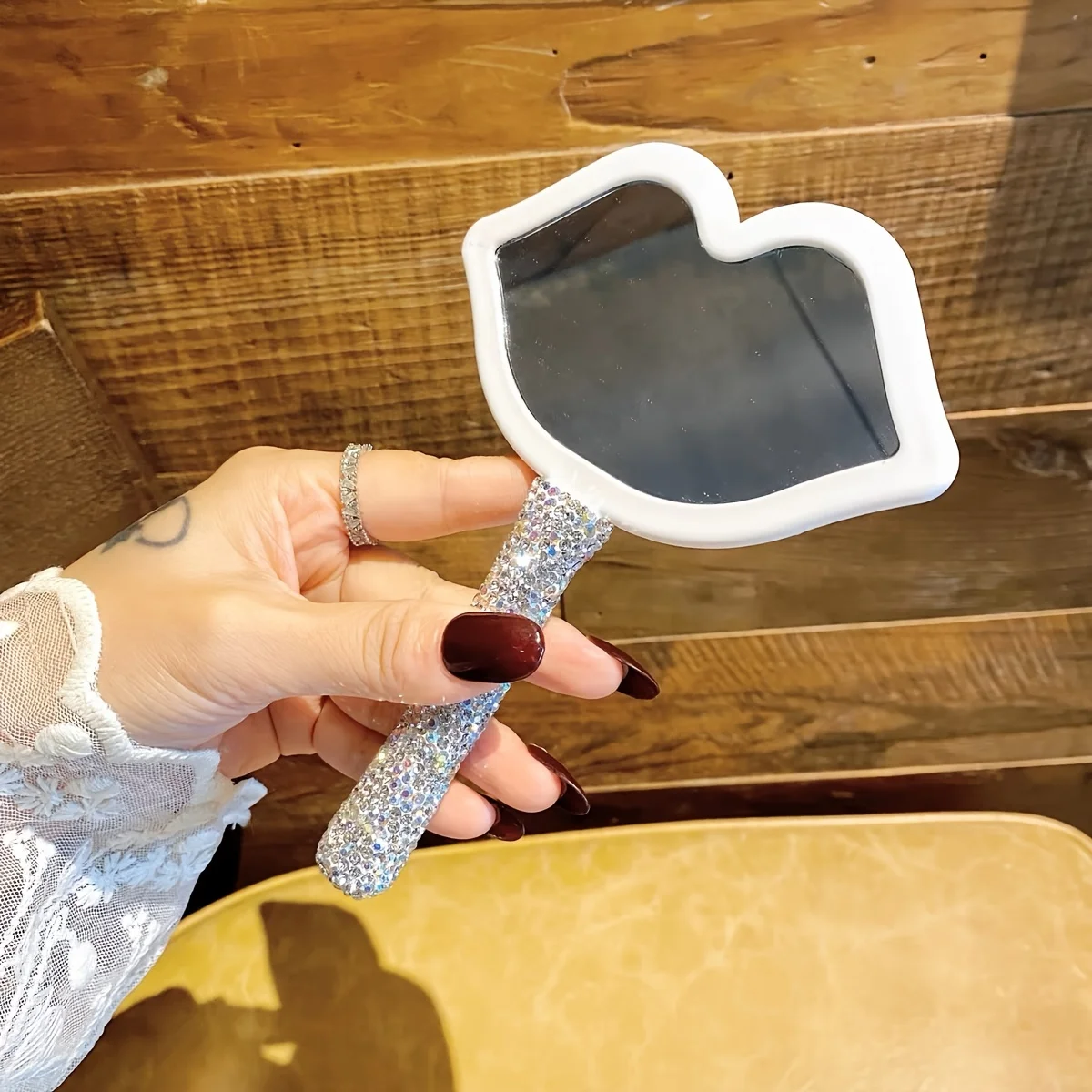 Hd hand-held lip mirror Artificial diamond set with portable travel ...