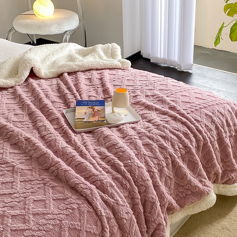 French Jacquard Solid Color Nap Sofa Blanket Lamb Velvet Double sided ...