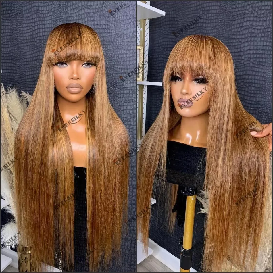 Silky Straight Balayage Highlight Honey Blonde Fringe Human Hair Lace ...