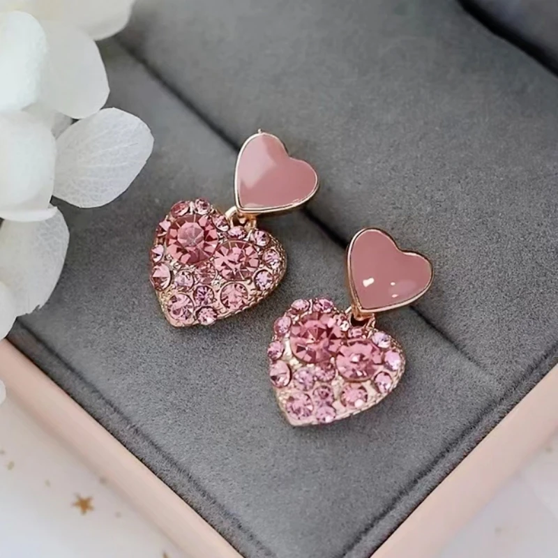 Korean-Fashion-Pink-Heart-Earrings-Full-Rhinestone-Women-s-Dangle ...