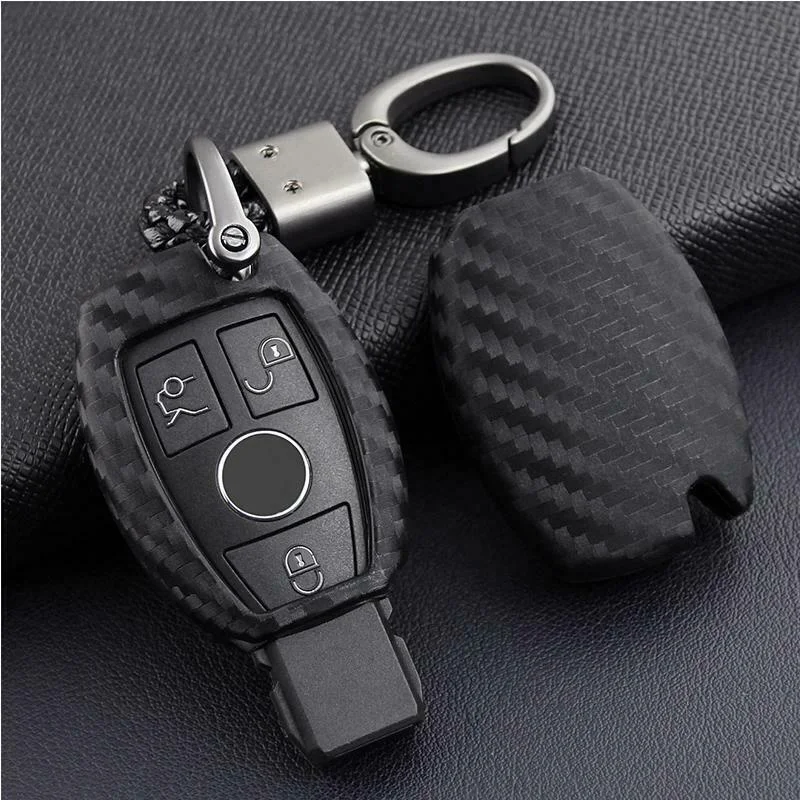 Carbon-Fiber-Silicone-Remote-Car-Key-Fob-Cover-Case-Shell-Holder-Chain ...