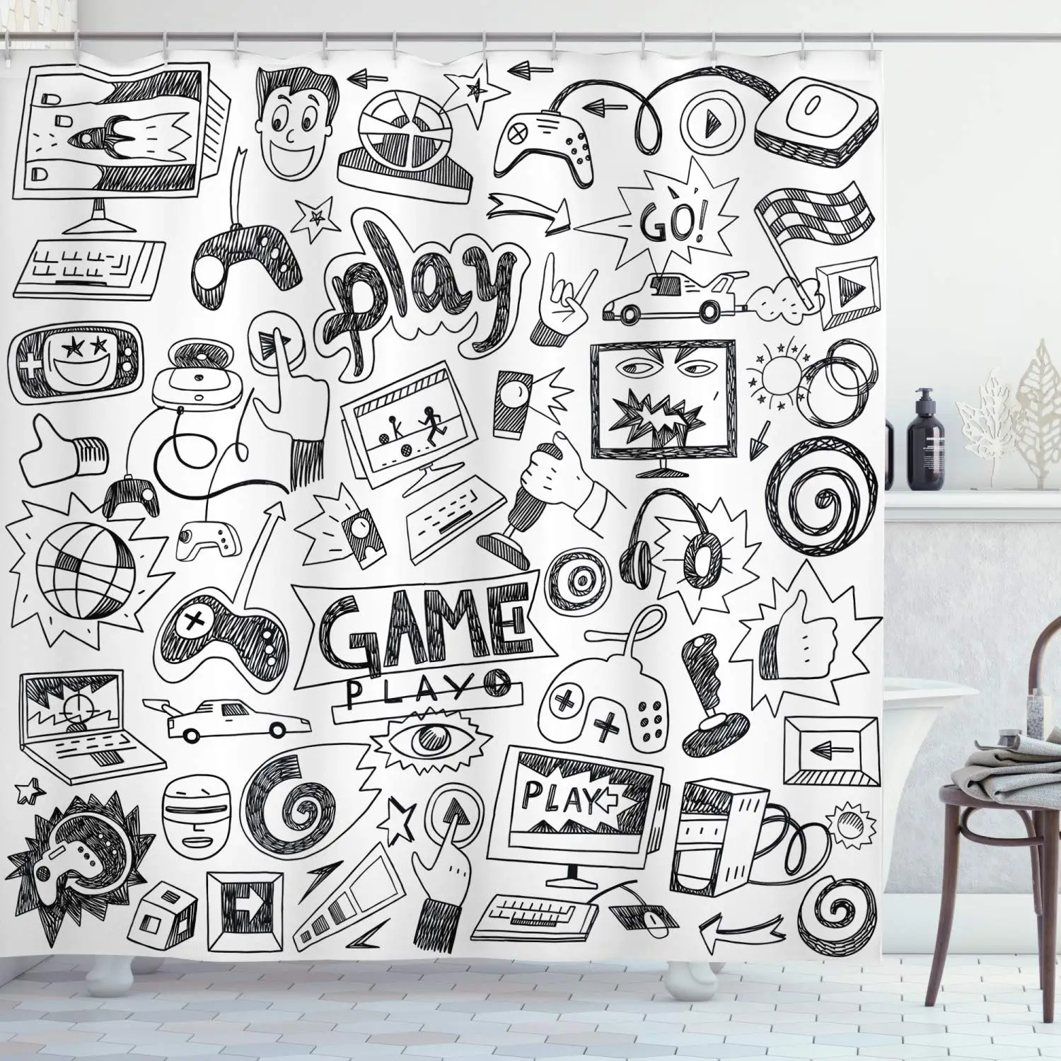 Video-Games-Shower-Curtain-Sketch-Style-Gaming-Design-Racing-Monitor ...