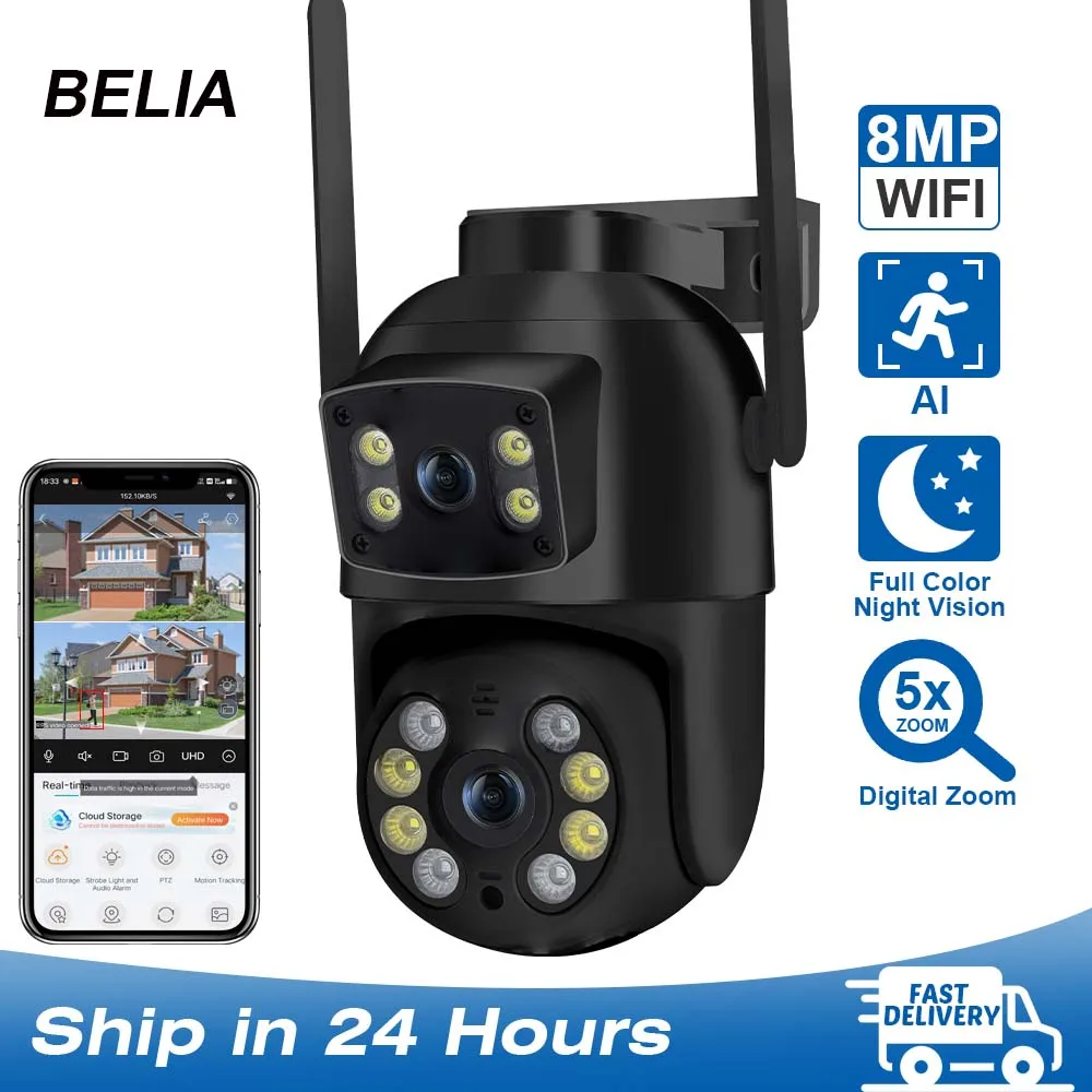 BELIA 4K 8MP WiFi Surveillance Camera, Dual Lens, 4X Digital Zoom, AI ...