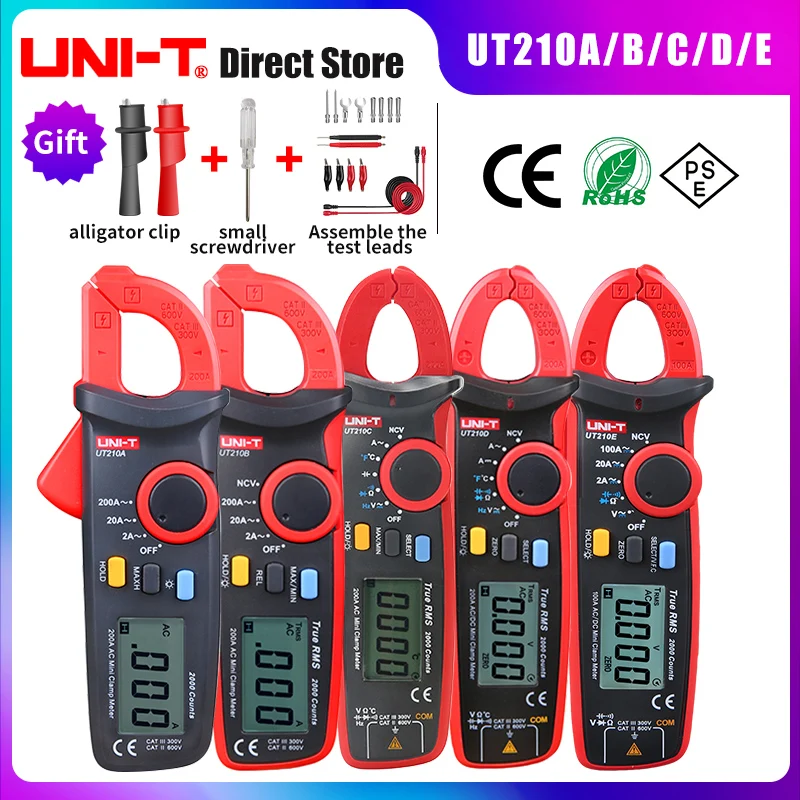UNI T Mini Digital Clamp Meter, UT210D, UT210E, 200A, AC DC Alicerça de ...