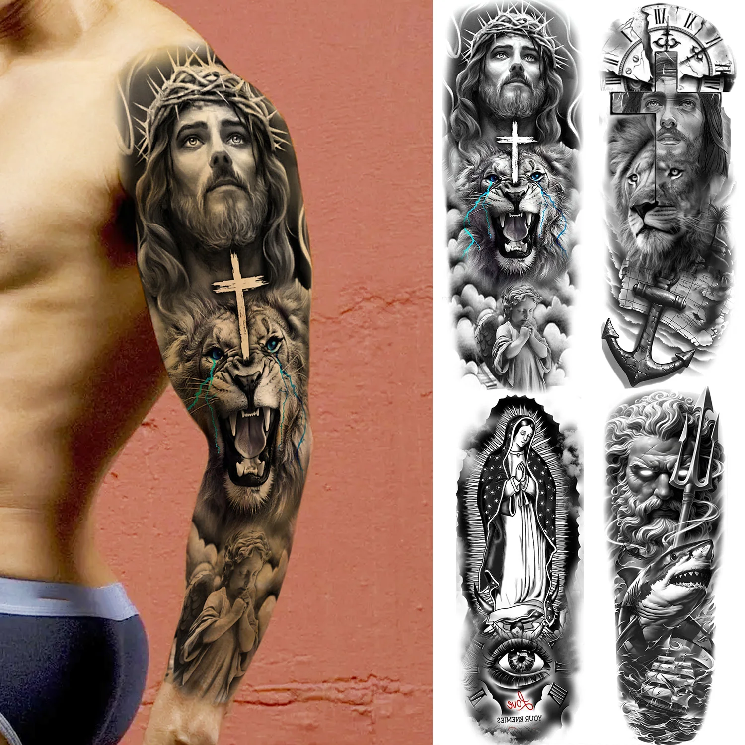 1 Sheet Super Long Large Full Arm Jesus Temporary Tattoos For Men Women ...