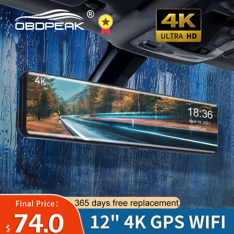 OBDPEAK H6 12" Car DVR 4K 3840*2160P Dash Cam WIFI GPS 415 Rear View ...