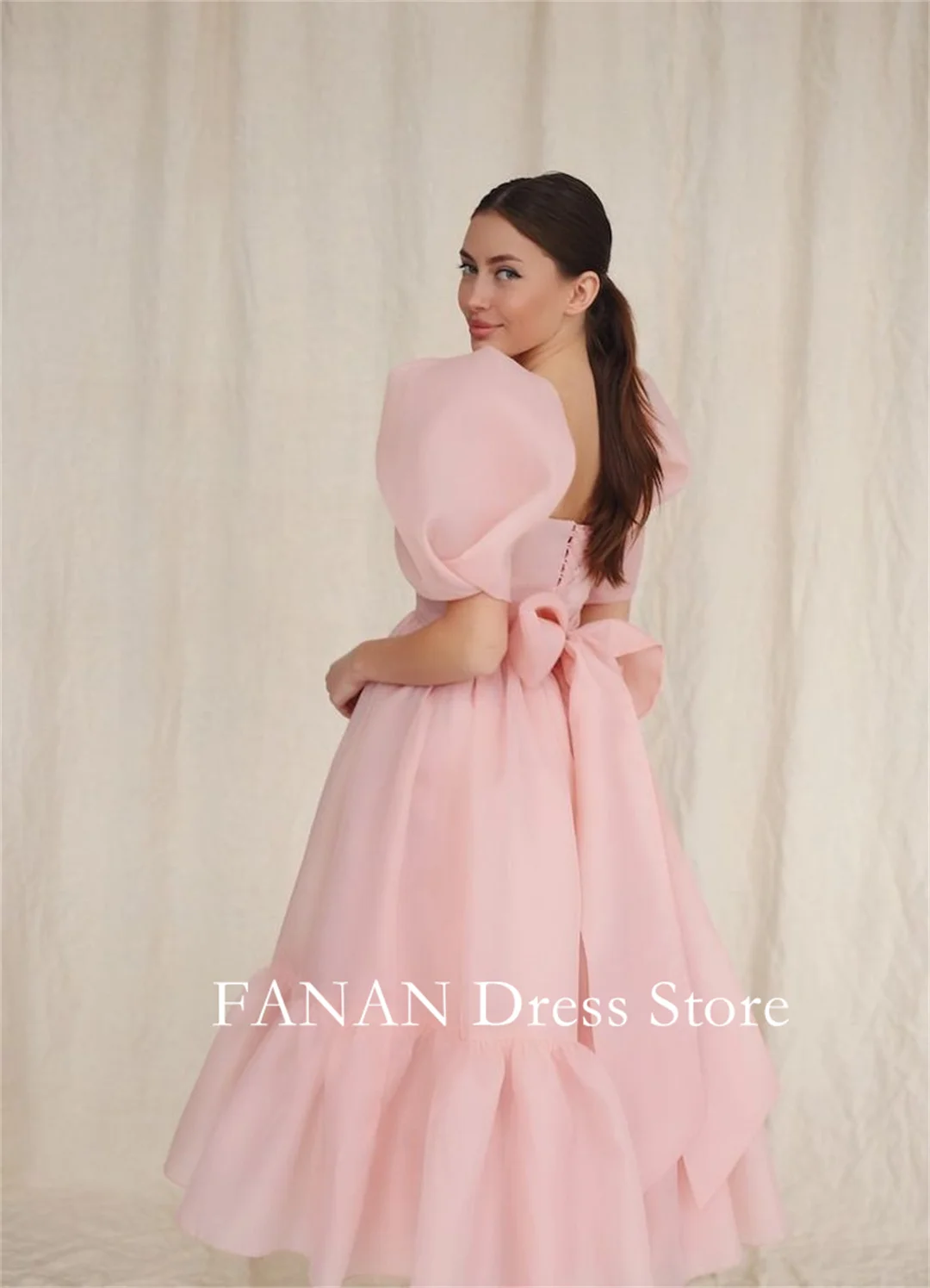Square Collar Prom Dress Pink Customized Organza Wedding Evening ...