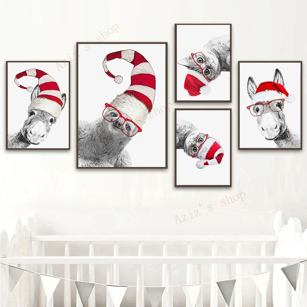 Cute-Animals-Christmas-Poster-Printable-Sloth-Donkey-Cat-Canvas ...
