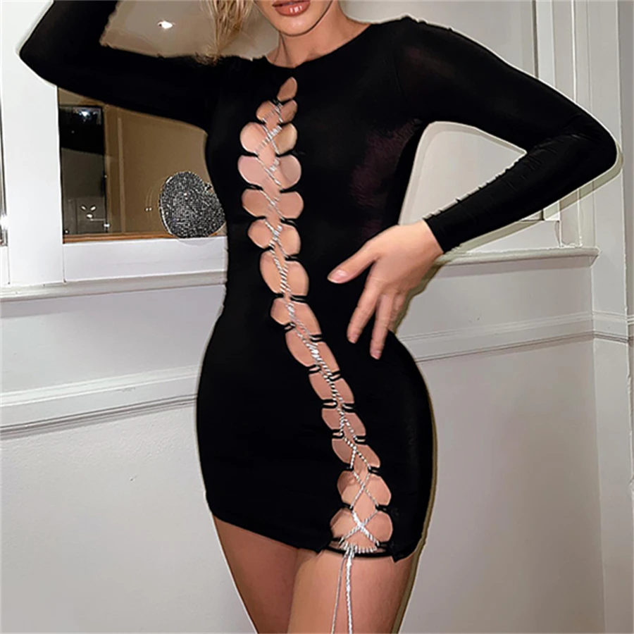 Puloru Women Sexy Cut Out Bandage Mini Dress 2023 Night Clubwear Long Sleeve O Neck Bodycon ...