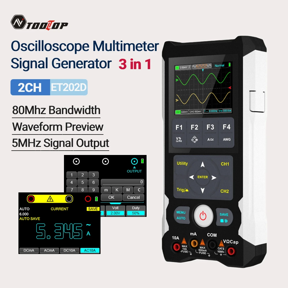 TOOLTOP ET202D Oscilloscopes 3-in-1 80MHz Handheld Digital Oscilloscope ...