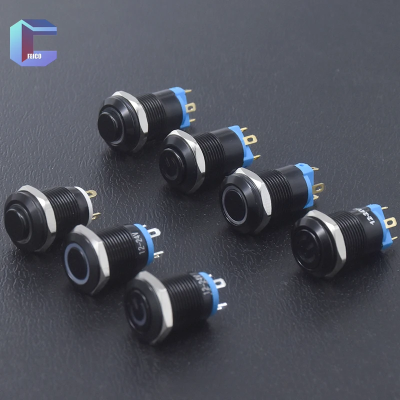 Black-Shell-12mm-With-LED-Metal-Button-Switch-3A-Auto-Rest-Latching ...