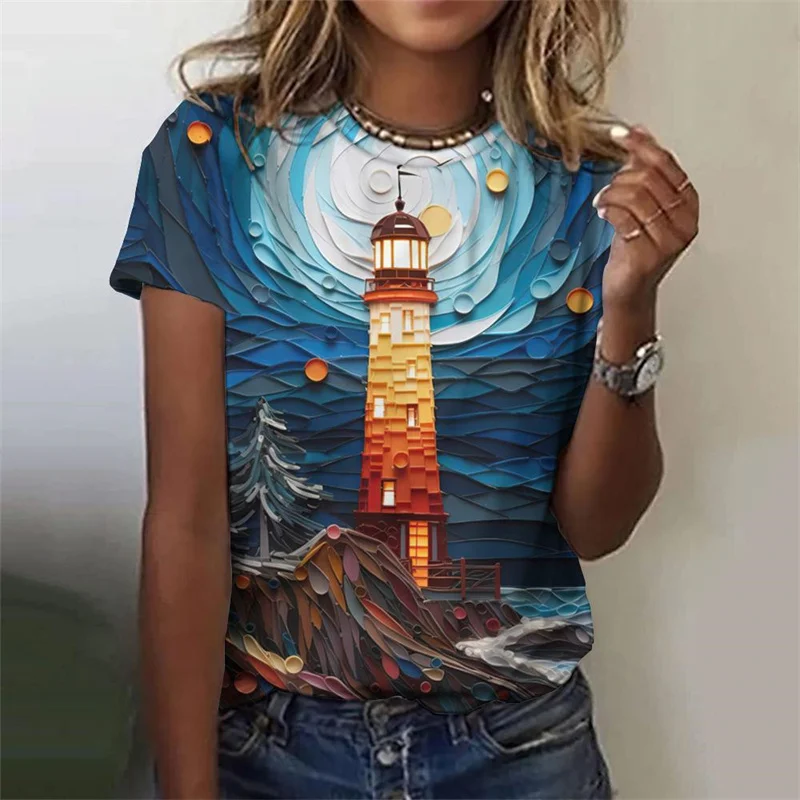 3D Printed Ocean Lighthouse T-Shirt For Women Night Scene Graphic Tees ...