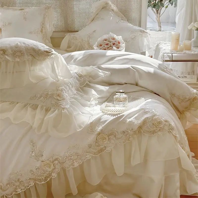 Egyptian-Cotton-Wedding-Bedding-Set-Romantic-French-Lace-Ruffles ...