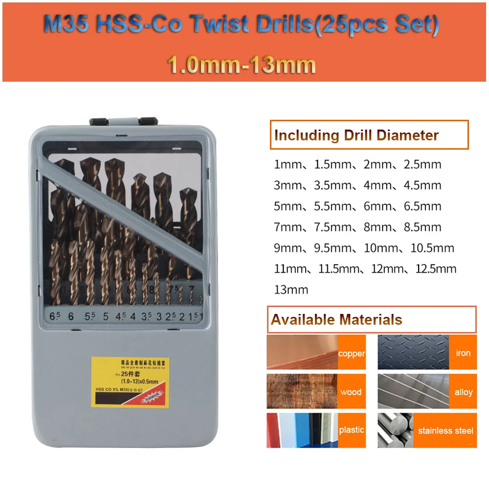 25pcs HSS-Co Twist Drill Set Superhard Drill Bits For Electrodrill Bench-Drill Percussion Drills ...