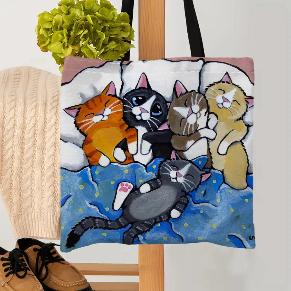 Cat Cartoon Tote Bag Reusable Shoulder Shopping Beach Bag For Women ...