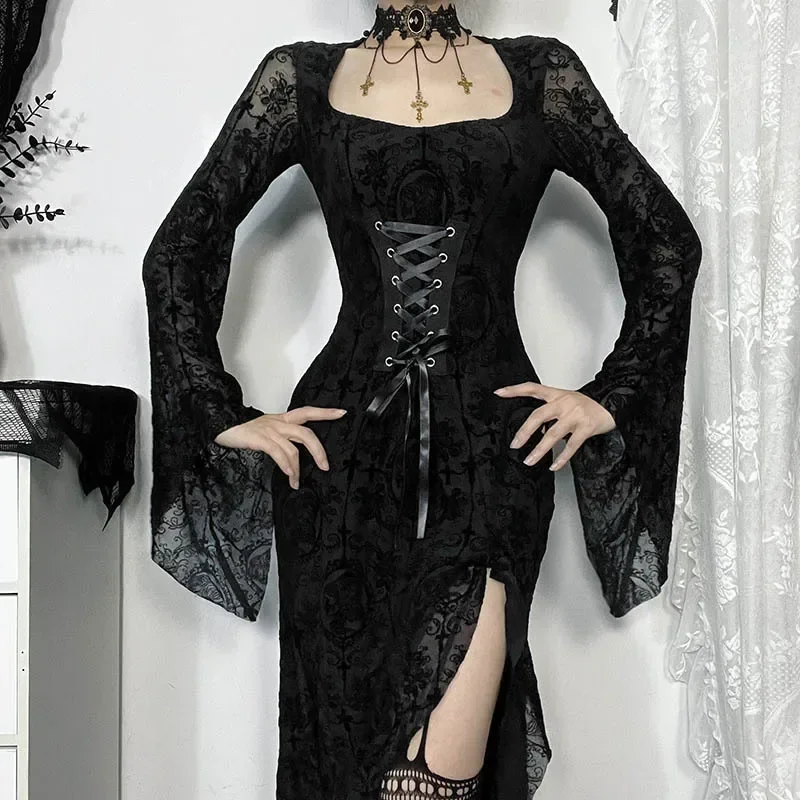 Vestido flocado Vintage gótico oscuro Emo para mujer, vestido flocado ...