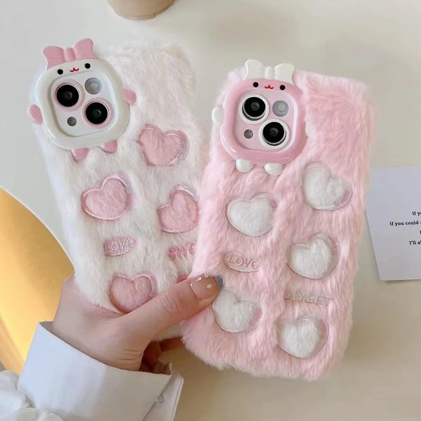 Cute-pink-white-love-heart-Fur-Fluffy-Phone-Case-for-iPhone-14-11-13-12 ...