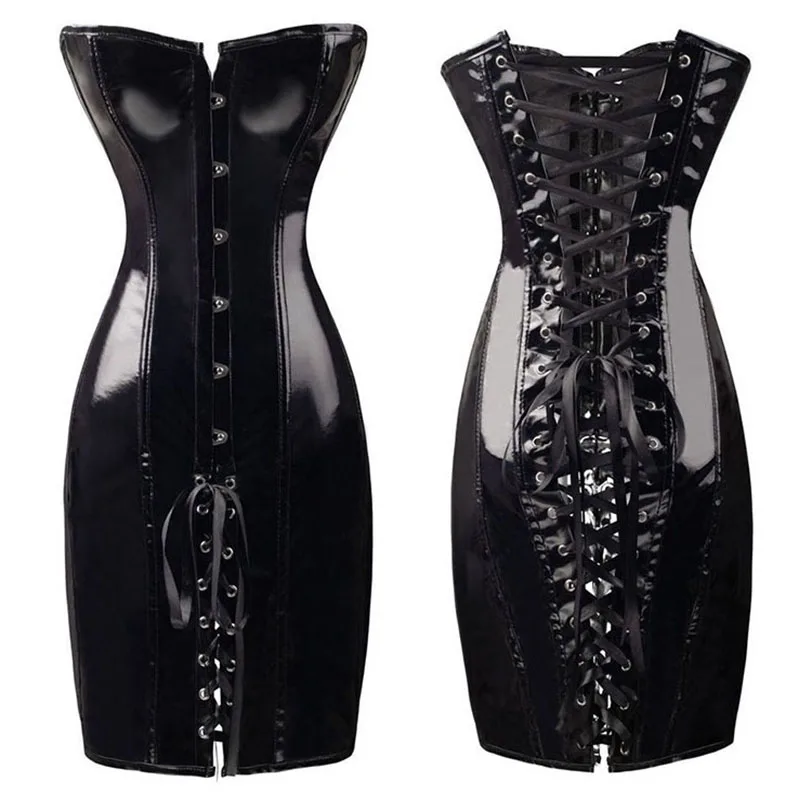 Lace Up Faux Leather Corset Dress Wetlook PVC Steampunk Gothic ...