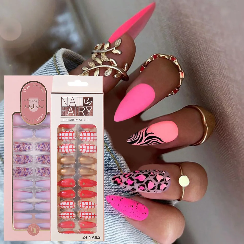 24-Pcs-Shiny-and-Matte-False-Nail-Solid-Color-Long-Almond-Fake-Nails ...