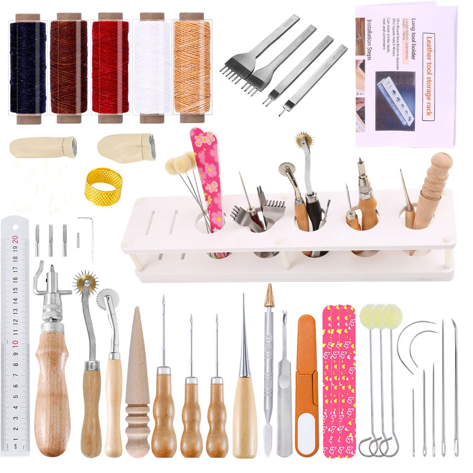 TLKKUE 39pcs Leather Working Tool kit Leather Working Tools with Scratch Wire Wheels Groover Wax ...