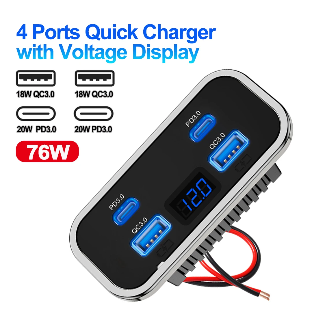 Car Charger Dual USB Type-C 4 Ports Quick Charging Socket QC3.0+PD3.0 ...