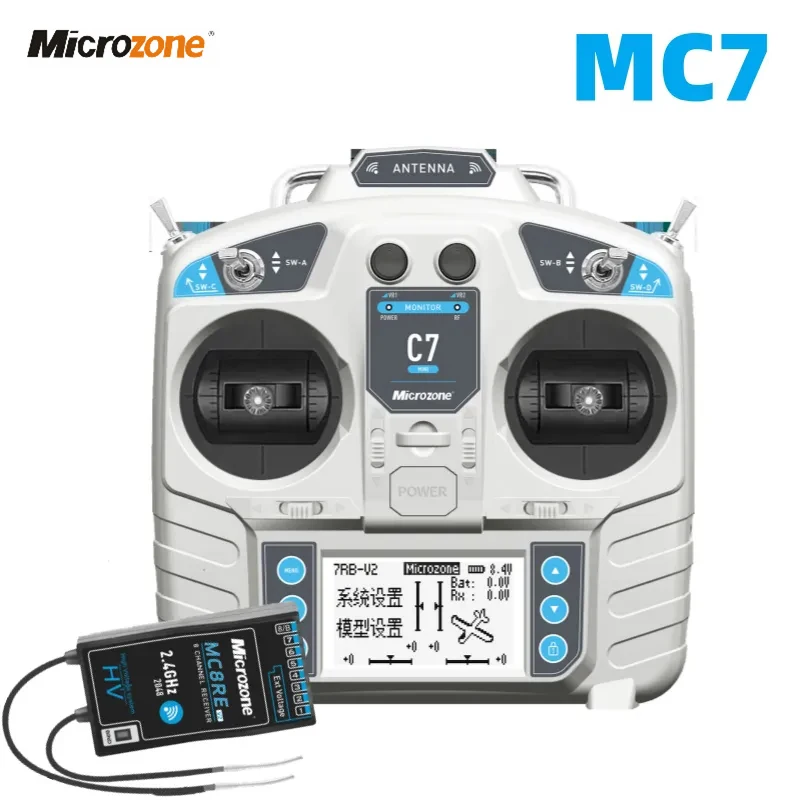 Mc8re受信機付きMicroZone-C7コントローラー送信機,ラジコン飛行機システム,マルチローターヘリコプター,mc7,2.4g