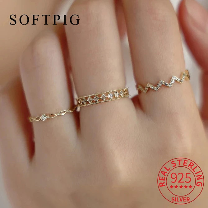 SOFTPIG 여성용 진짜 925 스털링 실버 지르콘 스타 웨이브 14K 골드 반지, 매력적인 파인 쥬얼리 파티, 귀여운 액세서리 도매|반지| - AliExpress