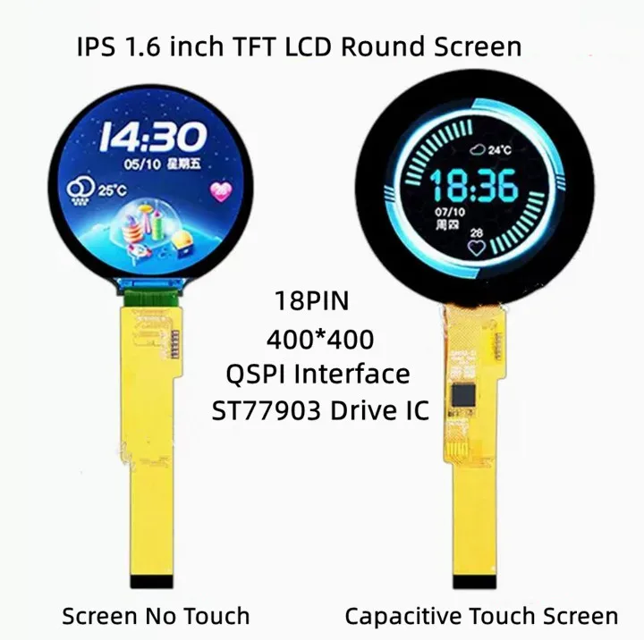 IPS 1.6 inch 18PIN 262K Color QSPI TFT LCD Capacitive Touch Round ...