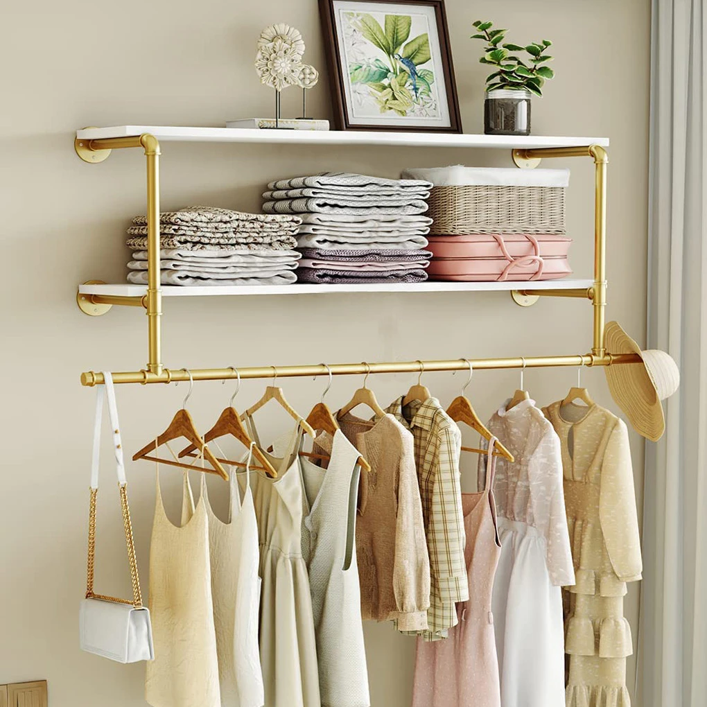 Heavy-Duty-Pipe-Clothing-Rack-Wall-Mounted-Garment-Display-Rack-2Tiers ...