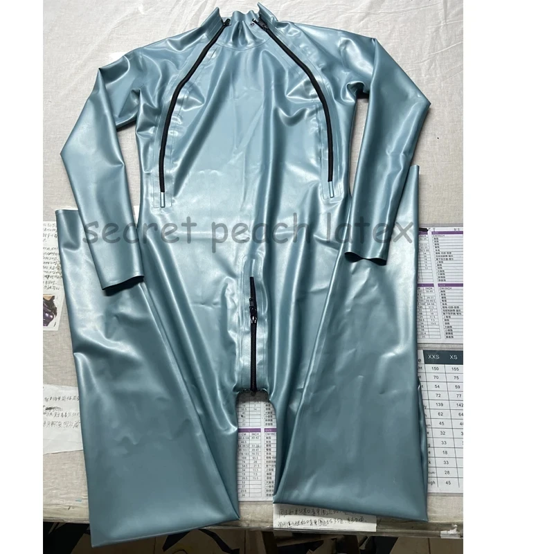 Latex-Bodysuit-Unisex-Catsuit-Metallic-Light-Blue-Latex-Suit-Shoulder ...