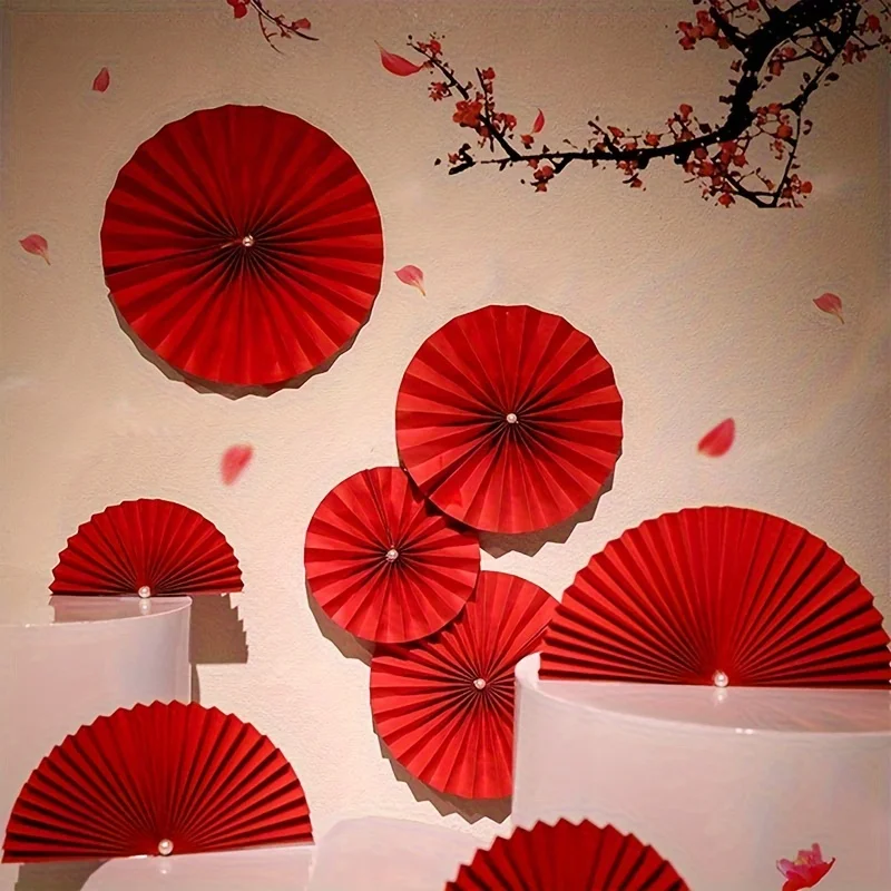 12PCS - Party Tissue Pom Pom Round Red Paper Fan Decorations,Tabletop ...