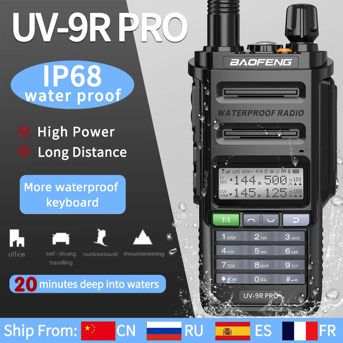 Baofeng UV 9R Pro V1V2 워키 토키 IP68 방수 UHF VHF 장거리 트라이 파워 햄 CB 라디오 업그레이드 ...