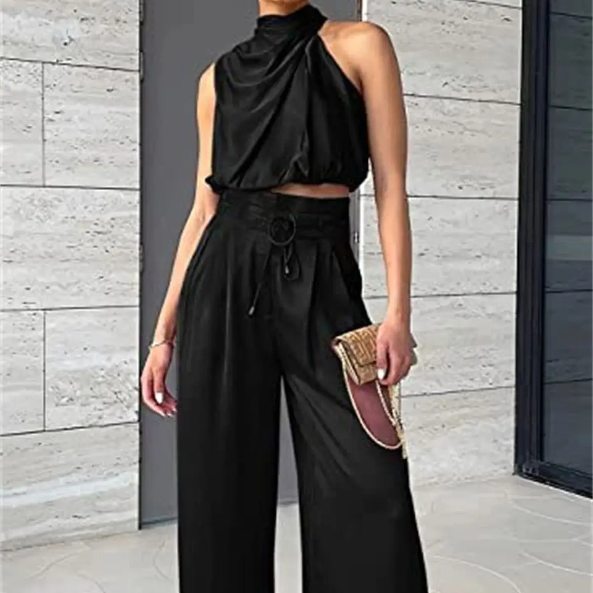 Two-Piece-Pants-Sets-Women-Solid-Color-Pleated-Sleeveless-Top-Drape ...