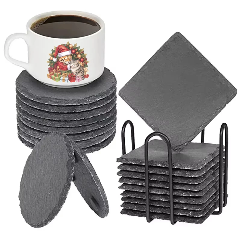 Rock slab slab Natural Stone drink coasters Round Black stone insulated ...